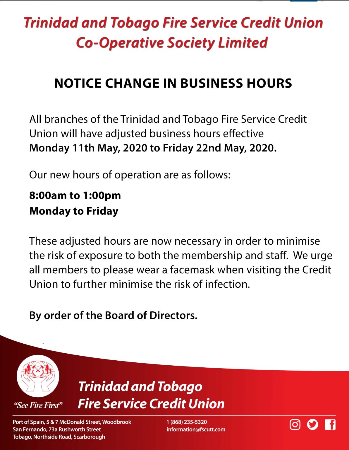NOTICE CHANGE IN BUSINESS HOURS - Trinidad and Tobago Fire Service ...